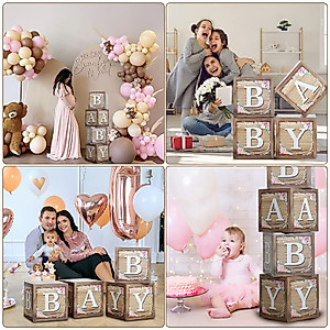 RUBFAC Rustic Floral Brown Baby Boxes with Letters for Baby Shower, 4pcs Baby Shower Decorations for Girls Baby Blocks Birthday Party Gender Reveal Photo Props for Girl Boy