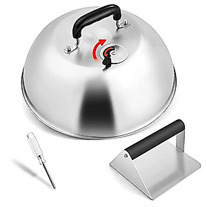 Leonyo 12 Inch Melting Dome & Burger Press, Round Basting Cover with Adjustable Vent, 5.5" Square Smash Bacon Griddle Press, Stainless Steel Flat Top Grill Accessories for Outdoor Kitchen BBQ Camping