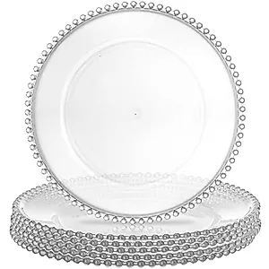 Lawei 6 Pack Clear Plastic Charger Plates with Bead Rim, 13 Inch Plastic Round Serving Plates Decor Dinner Plates for Party Wedding Events Dinner Decoration