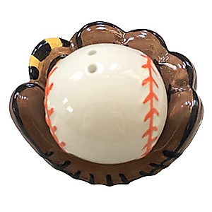 Baseball Glove & Base Ball with Stitching {Real Look} Salt and Pepper Shakers, Catchers Mit 3-1/4" Premium Quality Glazed Ceramic