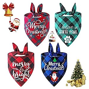Bonjin 4 Pack Dog Bandana Christmas Classic Plaid, Pet Scarf Triangle Reversible Bibs Kerchief, Full of Chirstmas Element Patterns Pet Bandana, for Small Medium Large Dogs Cats Pets