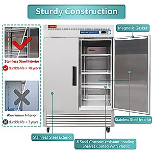 WESTLAKE 54" W Commercial Refrigerator 2 door 2 Section Stainless Steel Reach in Solid door Upright Fan Cooling 49 Cu.ft Cooler for Restuarant, Bar, Shop, etc