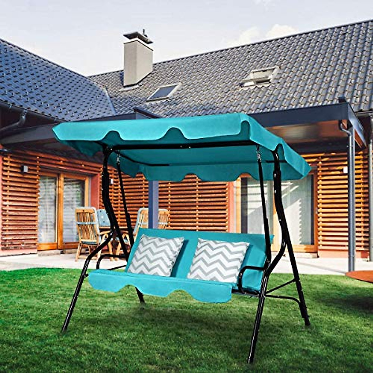 Moccha 3 Person Outdoor Patio Swing Canopy Hammock with Steel Frame, Adjustable Tilt Awning, Weather Resistant Polyester Fabric, Padded Cushion, for Garden, Deck, Poolside, Turquoise