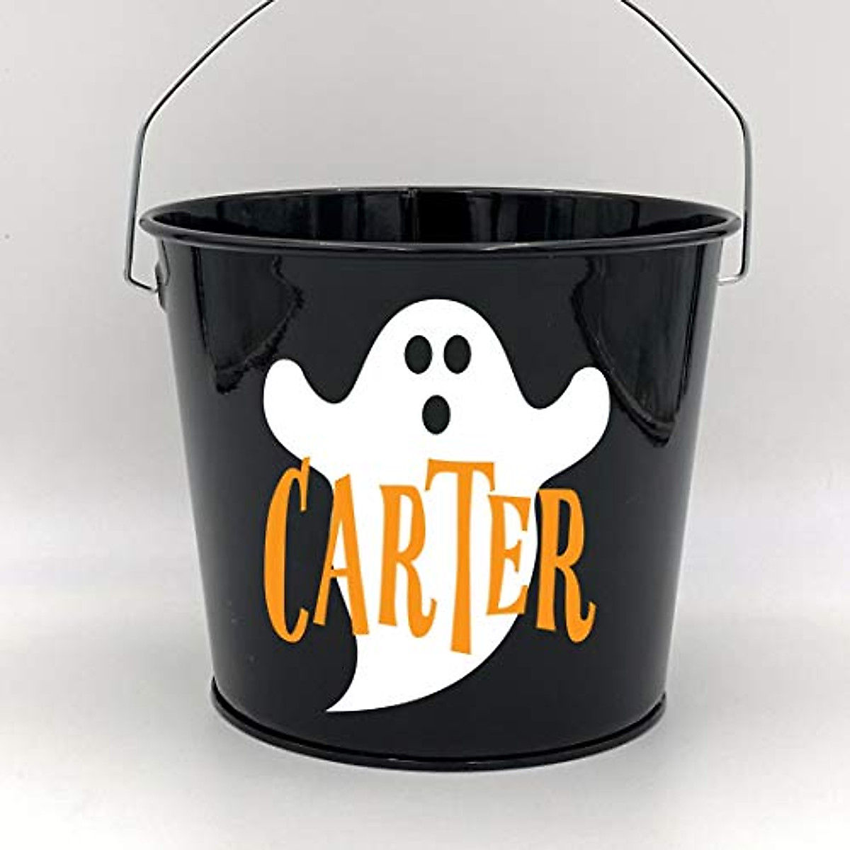 Personalized Halloween Ghost Name Pail - Choose The Color - Metal Pail Bucket Basket Bag for Girls and Boys