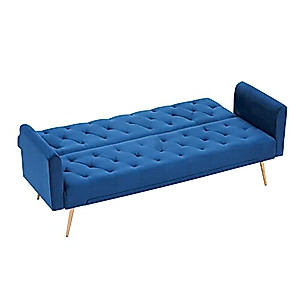 Eafurn Comfy Velvet Upholstered Futon Foldable Daybed Bed for Sleep Overs, Convertible Sleeper Loveseat with 2 Pillows, 71" Tufted Sofa & Couches with Golden Metal Legs for Compact Living Space, Blue