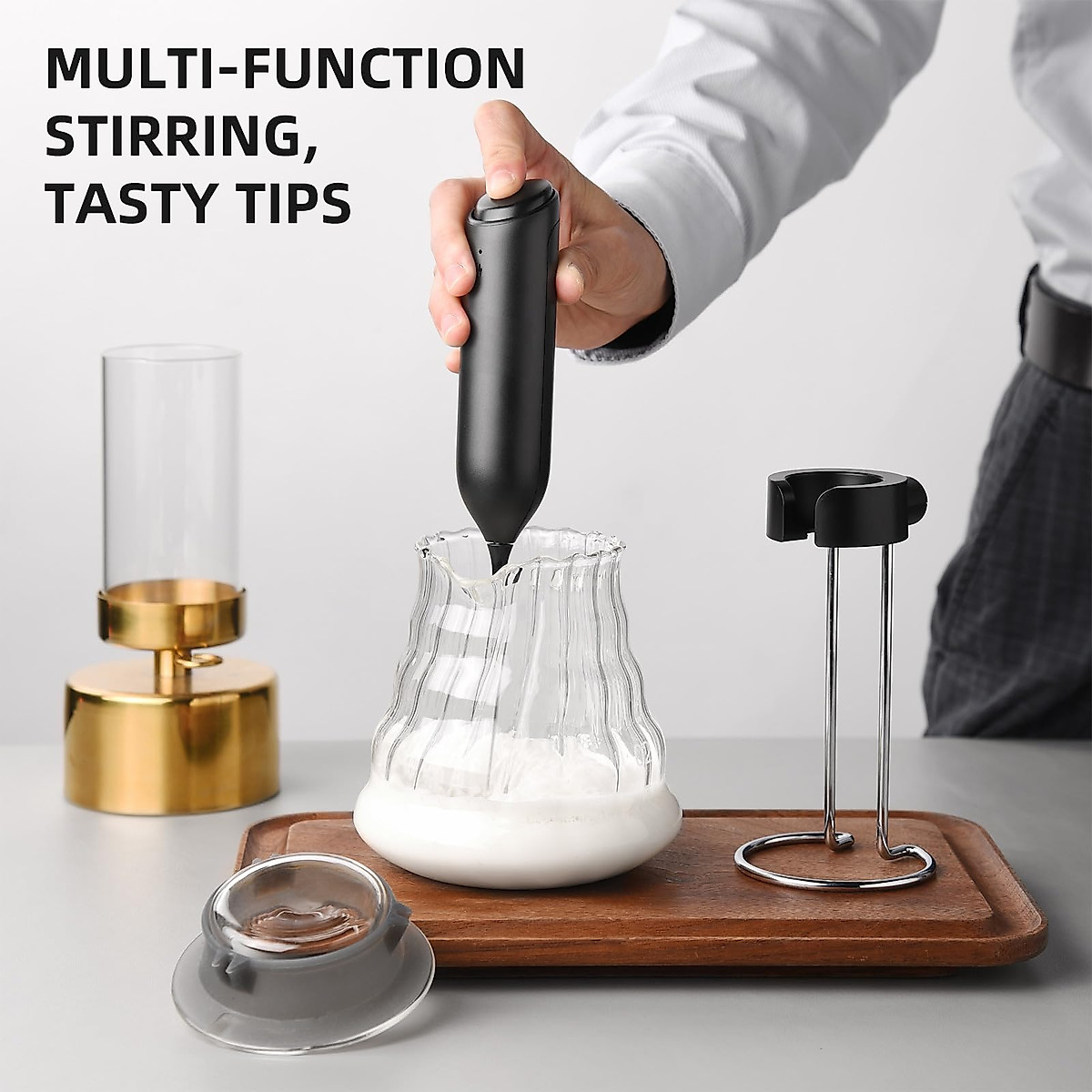 Lamido Milk Frother Handheld with Wall Mounted Stand, Mini Foamer Wand for Lattes, USB Rechargeable Drink Mixer, Electric Hand Whisk, Automatic Stirrers & Coffee Blender - Kitchen Gifts - Black