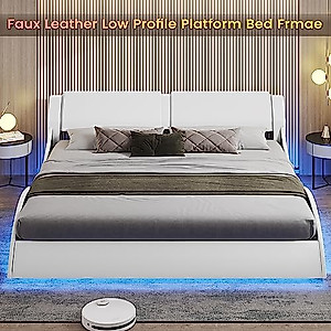 DICTAC King Size Bed Frame with LED Lights Modern King Led Bed Frame with Upholstered Headboard Faux Leather Low Profile Platform Bed Frame Wave Like Curve Bed Frame,No Box Spring Needed,White