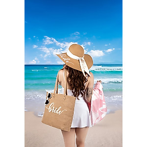5 pc Bride Beach Bag Honeymoon Gift, Bachelorette Gifts for Bride, Bride to be Gifts, Bride Straw Sun Hat, Bag, Microfiber Towel, Silk Scarf, Sunglasses, Bridal Shower Gift (Bride Beach Gift Set)