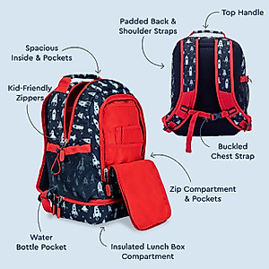 Bentgo® Kids Prints 2-in-1 Backpack & Insulated Lunch Bag - Durable, Lightweight, Colorful Prints for Girls & Boys, Water-Resistant Fabric, Padded Straps & Back, Large Compartments (Rocket)