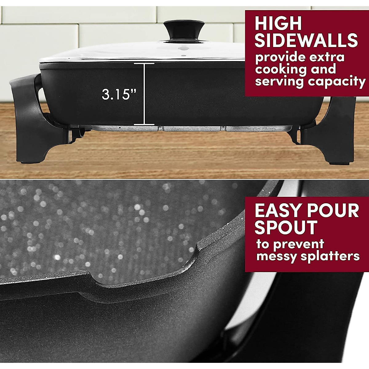 Nonstick Extra Deep Electric Skillet - with Glass Vented Lid, Adjustable Temperature, Serves 6 to 8 people (10.5Qt.)