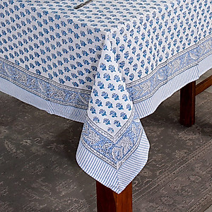 CPC Tablecloth 100% Cotton 80x120 Inch Indian Block Print Rectangle Table Cover, Dining, Buffet Parties & Wedding Use- Apatite Blue 12-Seater