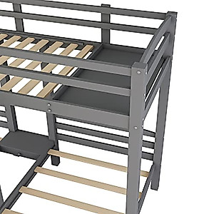 GAOWEI Triple Bunk Bed Twin Over Twin & Twin Bunk Bed with 3 Storage Staircase,Triple Bunk Bed for Kids,Triple Bunk Bed with Storage Stairs,Bedroom Furniture Pinewood Bed Frame (Staircase+Gray)