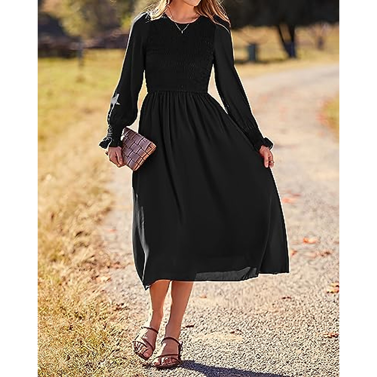dowerme Women Casual Petal Long Sleeve Crewneck Smocked A-Line Flowy Solid Maxi Dress Fall Winter Party Cocktail Dresses(Solid Black,Large)