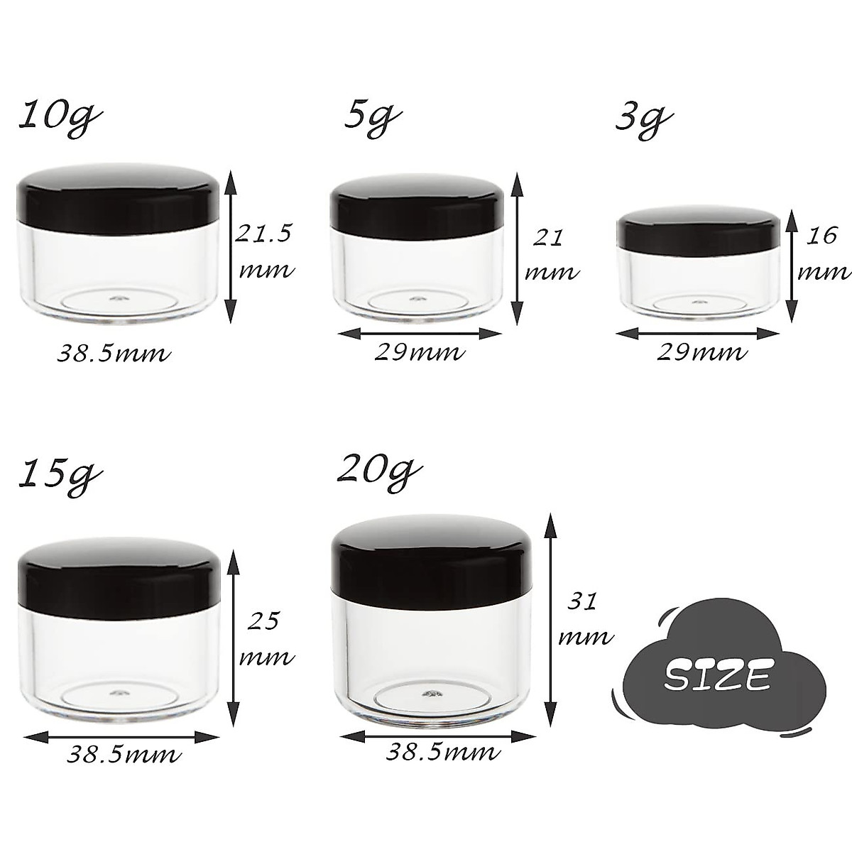 ZEJIA 10pcs Small Travel Containers, Black Sample Containers with Screw Lids, 5 Size 3/5/10/15/20 Gram Sample Jars with 12pcs Labels and 2pcs Mini Disposable Spatula, Makeup Sample Containers BPA Free