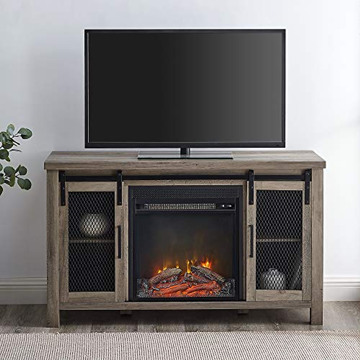 Walker Edison Tall Farmhouse Metal Mesh Barndoor and Wood Universal Fireplace TV Stand or TV's up to 55" Flat Screen Living Room Storage Entertainment Center, 48 Inch, Grey Wash