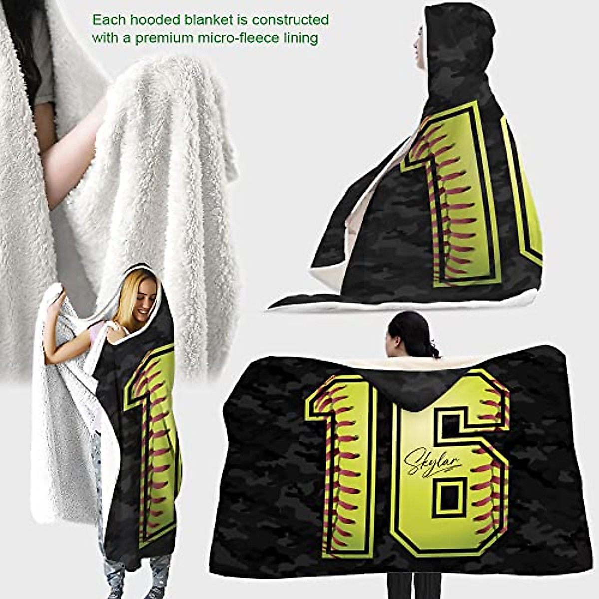 Ohaprints Custom Softball Ball Pattern Camoflage Black Grey Player Fan Gift Personalized Name Number Sherpa Hoodie Blanket Soft Travel Camping Wearable Hooded Blankets Cape Wrap Plush Fuzzy Comfy Cozy
