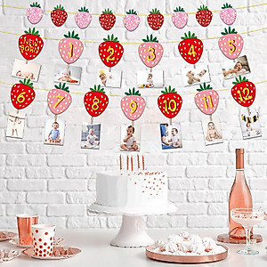 Strawberry First Birthday Party Decoration Berry 1st Monthly Photo Banner Milestone Photograph Bunting Garland for Baby Girl 12 Months Photo Display Baby Shower Birthday Party Decorations Supplies