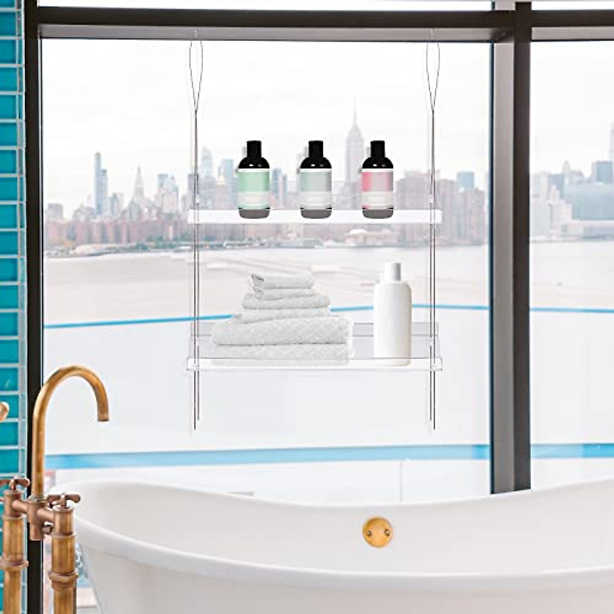 Sumerflos Acrylic Hanging Floating Shelves, 2Tier Clear Indoor Wall Window Storage Rack, Height Adjustable Display Floating Shelves for Home, Kitchen, Bedroom, Bathroom