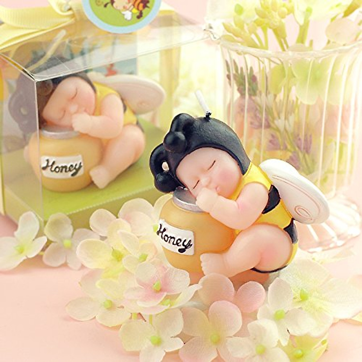FLYPARTY Children's Birthday Candles with Greeting Card,Handmade Adorable Sleeping Baby Birthday Baby Shower Cake Topper Candle, Wedding Festival Party Favors Decorations (Bee Boy)