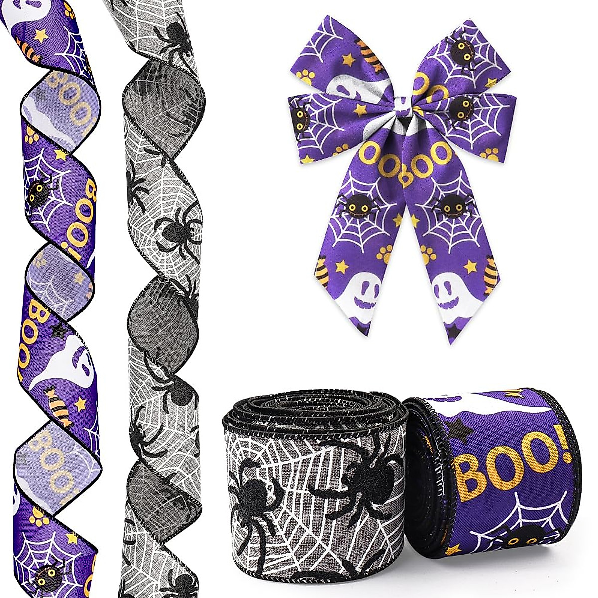 Hying 2 Rolls Halloween Ribbon for Wreath Bows Wrapping Gifts, Black Purple Spider Ribbons for Gift Wrapping Halloween Party Decoration DIY Crafts 2.5" X 10 Yards Spider Web Ghost Wired Edge Ribbon