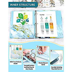 3 Ring Binder 1 Inch, SUNEE Cute Binder with Clipboard, 2 Pockets, 5 Tab Dividers & Label Stickers, Decorative Blue Marble Heavy Duty Three Ring Binder (Fit 8.5x11) for Office Binder Supplies