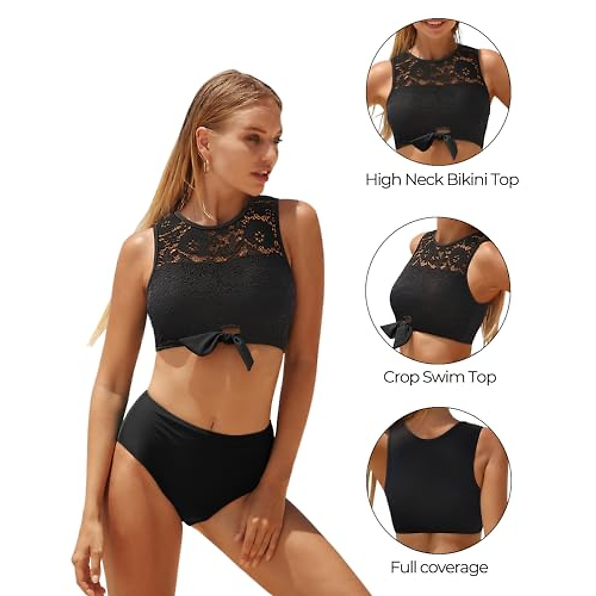 Tempt Me Women Black High Neck Bikini Top Swim Crop Top Tie Knot Front Lace Swimsuit Top Only XXL