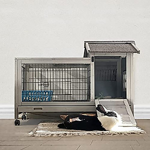 Aivituvin Wooden Rabbit Hutch with Removable Wire Floor Grid, Bunny Cage with Deeper Leakproof Tray - 4 Wheels Include