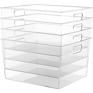 EAMAOTT Clear Plastic Storage Organizer Container Bins with Cutout Handles, Transparent Set of 4, BPA Free, Cabinet Storage Bins for Kitchen Food Pantry Refrigerator Bathroom, 11” x 8” x 6”