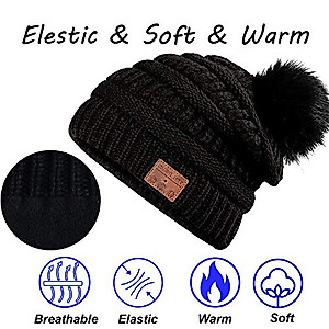 FashionLive Wireless Beanie Music Hat for Women Girls Upgrade Pompom Musical Headphone Stereo Speaker Hat with Mic Speakerphone Knit Pom Beanie Hat Warm Black
