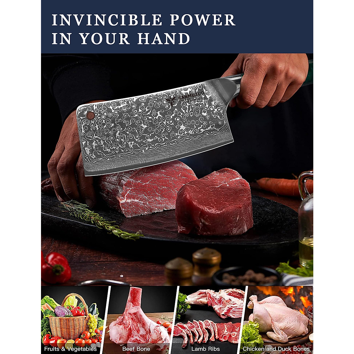 SANMUZUO Chopping Knife - 7 inch Cleaver Knife- Xuan Series - VG10 Damascus Steel Kitchen Knife - Resin Handle (Fantasy Orange)