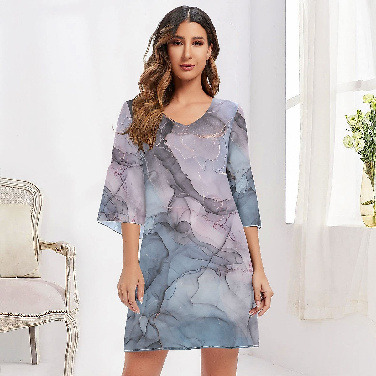 Mixing Acrylic Paints Modern Fluid Alcohol Ink Art Marble Stone Women V Neck Chiffon Dress, Casual Loose Breathable Mini Flowy Shift Dresses, Long Sleeve A Line Dress Sun Dress(L)