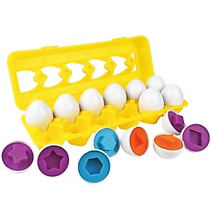 Skoolzy 12 Matching Eggs for Toddlers - Easter Egg Basket Toys - Color Sorting and Shape Matching Egg Toy, Yellow Egg Carton, Builds Fine Motor Skills an Excellent Learning Toy - 12 Shapes 6 Colors