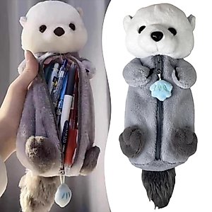 Otter Pencil Pouch, 3D Plush Animal Pencil Case, Large Capacity Plush Stationery Storage Bag Soft Plush Stationery Bag (1, Sea otter pencil bag)