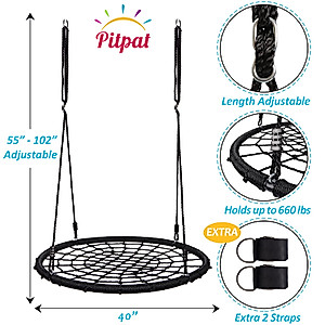 Pitpat 40" Spider Web Swing with 4 Ropes Adjustable from 55" to 102", Spider Swing for Kids for Kids MAX 440 Lbs Load and Stainless Steel Frame, Outdoor Large Web Swings for Tree - Black Upgraded