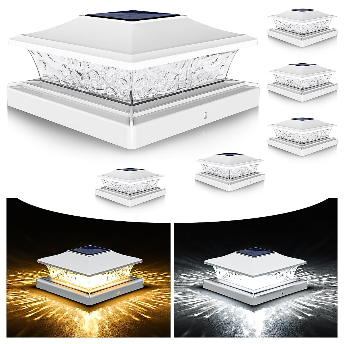 VOLISUN Solar Post Cap Lights Outdoor 4x4/6x6 Wooden/Vinyl Fence Post Cap Lights Solar Deck Post Lights Patio Garden,Warm White 2 Lighting Modes Waterproof, ABS Shell Lens Pearl White(6Pack)