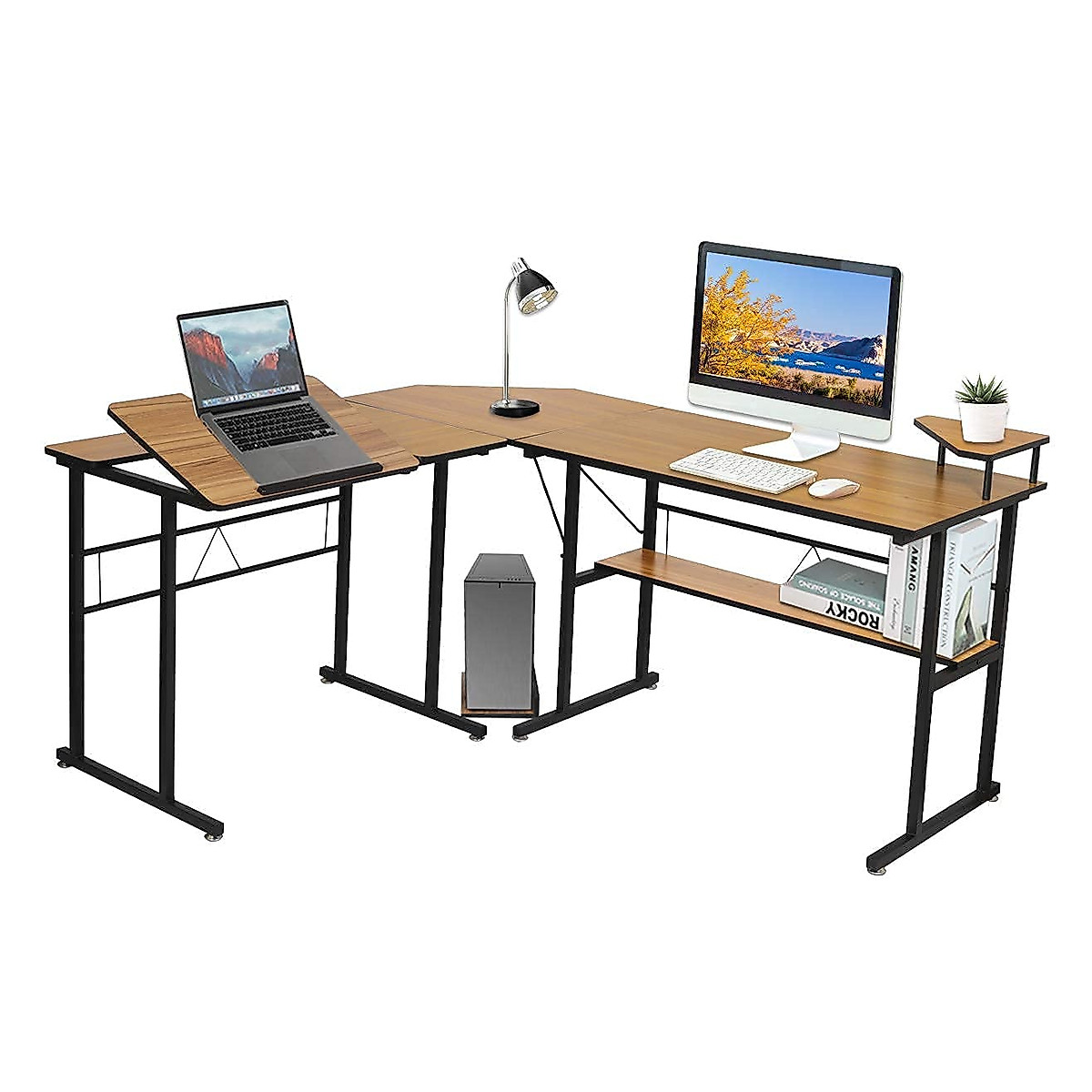 AODAILIHB L-Shaped Desk Corner Computer Desk Writing Desk Drawing Table Home Office Workstation Top Wood Surface Gaming Desk with Shelves (Wood)