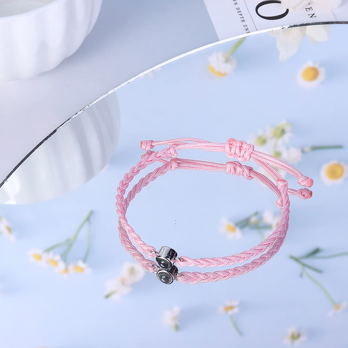 Jewenova Custom Photo Projection Pink Bracelet with Picture Inside, Photo Bracelet Customized Picture, Circle Photo Bracelet Personalized Gifts for Women Men Couple