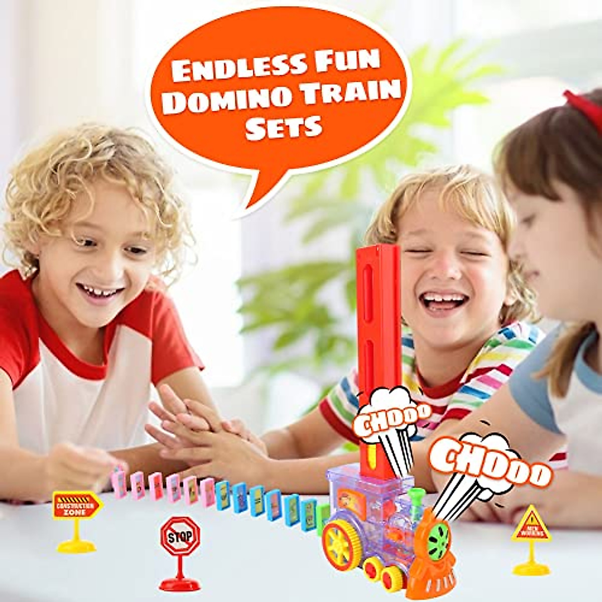 MCPINKY Domino Train Set for Boys 4-6,Toddler Toys Domino Rally Train Building and Stacker with 2PCS Domino Sleeve for Christmas Birthday Gifts Boys,Girls Age 3-8