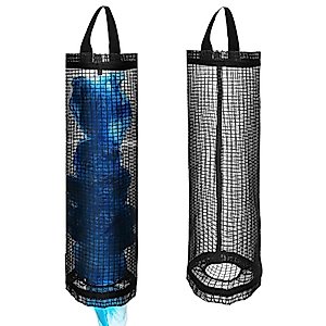 Thinp 2 Pieces Plastic Bag Holder, Hanging Grocery Bag Holder Trash Bag Holder Foldable Mesh Hanging Storage Bag Dispenser Plastic Bag Dispenser for Home Kitchen Garbage Bag Storage(Black)