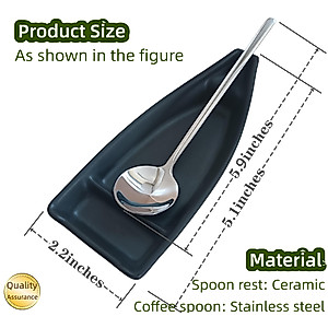 Coffee Spoon and Rest for Coffee Bar, Boat Small Spoon Rest for Coffee Station, Coffee Spoon Holder for Coffee Bar, Tea Spoon Rest Teaspoon Rest with Spoon (Matte Black + Round Spoon)