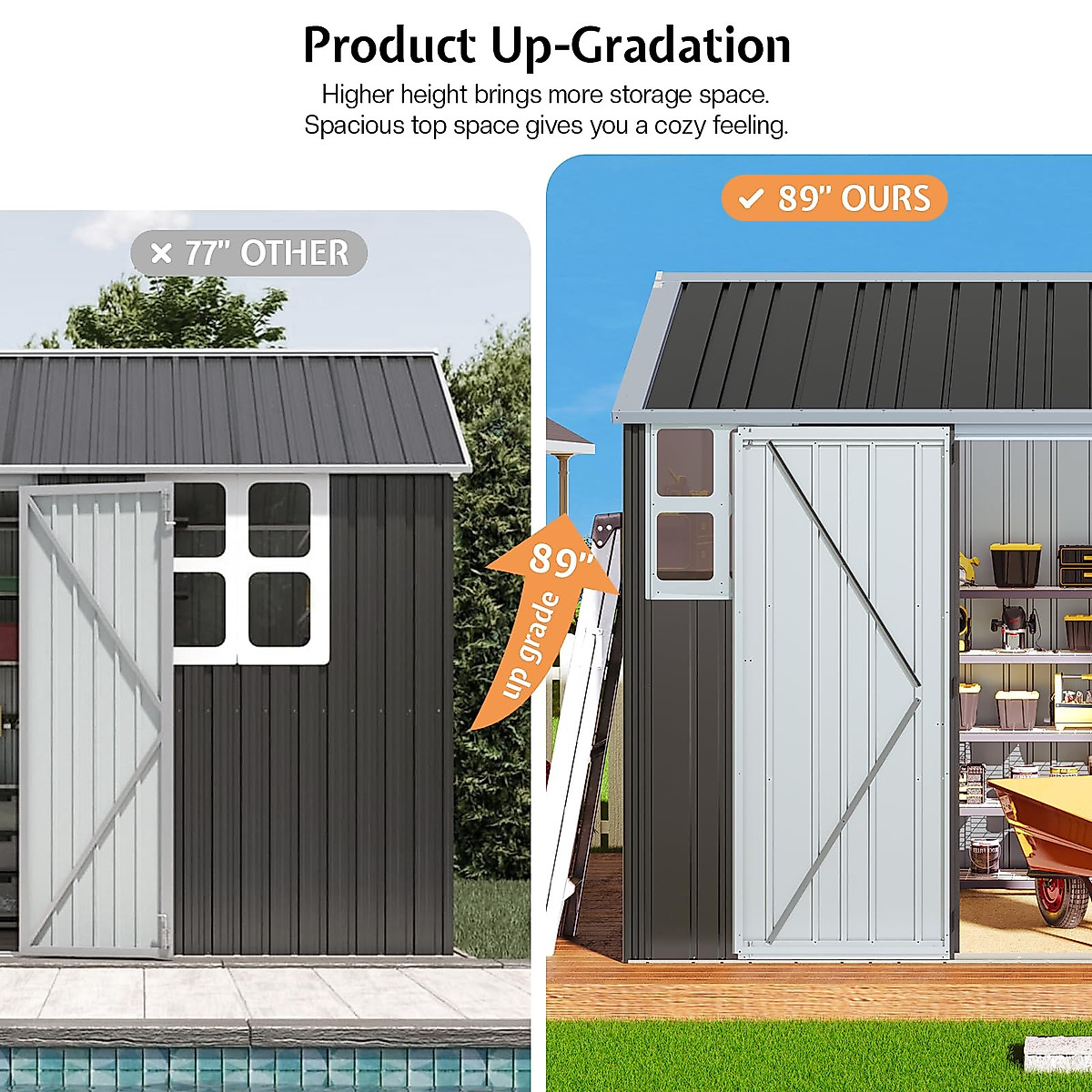 Jocisland 8.5x7.1x7.5 FT Galvanized Steel Outdoor Storage Shed, Lockable Double Hinged Doors and 4 Vents, Metal Shed for Backyard Storage, Dark Black/White