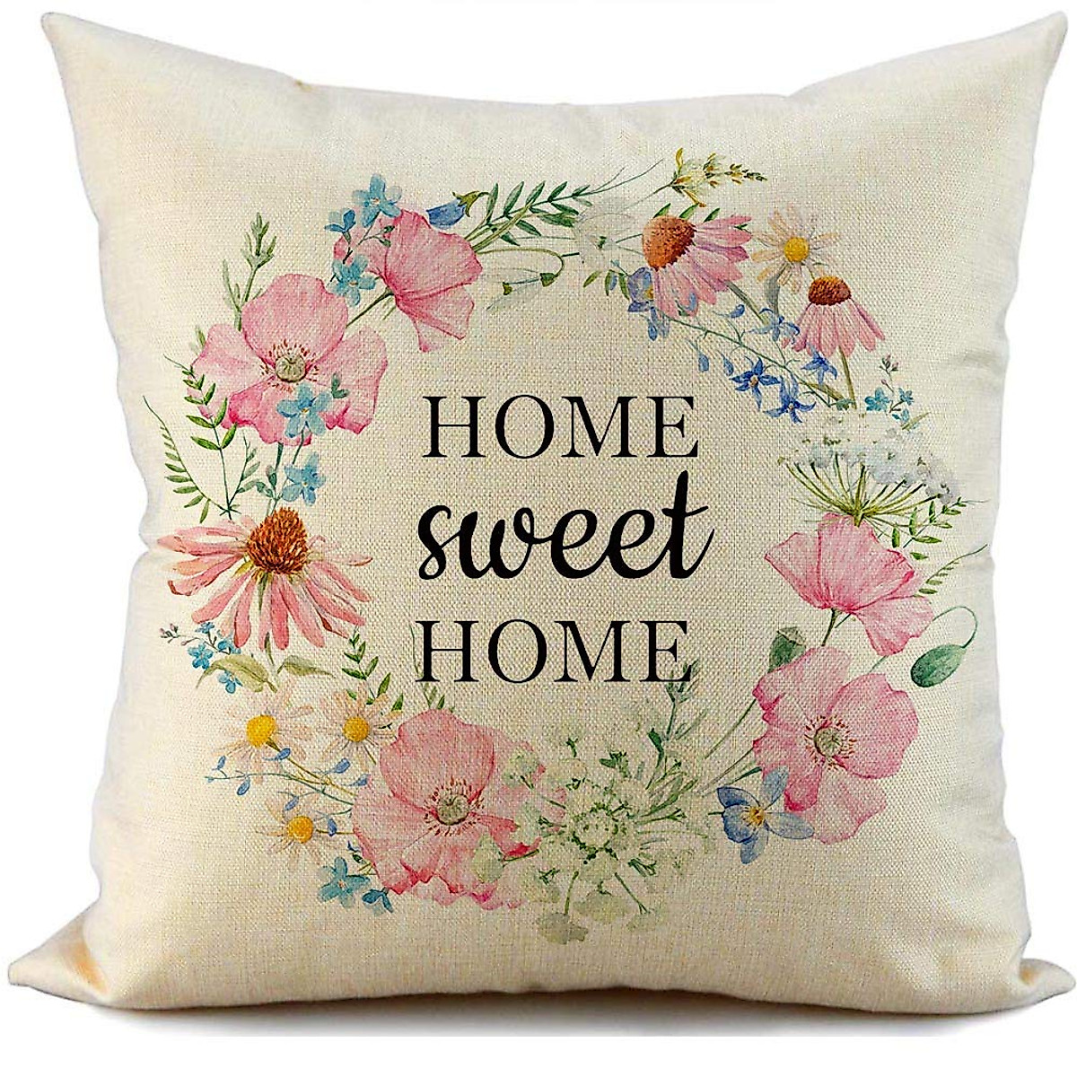 FIBEROMANCE Spring Pillow Cover 18x18 Flower Pillow Home Sweet Home Spring Floral Garden Wreath Farmhouse Décor Throw Pillow Covers Pillow Case for Sofa Couch Home Decoration