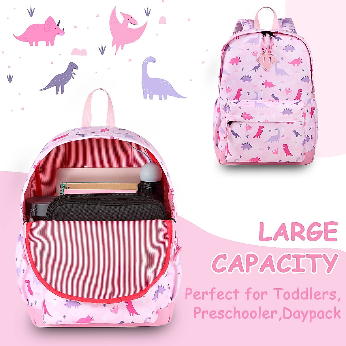 VASCHY Toddler Backpack for Girls, Cute Lightweight Water Resistant Preschool Backpack for Kindergarten Little Girls Bookbag Dinosaur