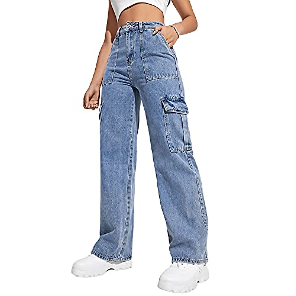 SweatyRocks Women's High Waist Cargo Jeans Flap Pocket Wide Leg Denim Pants Blue L
