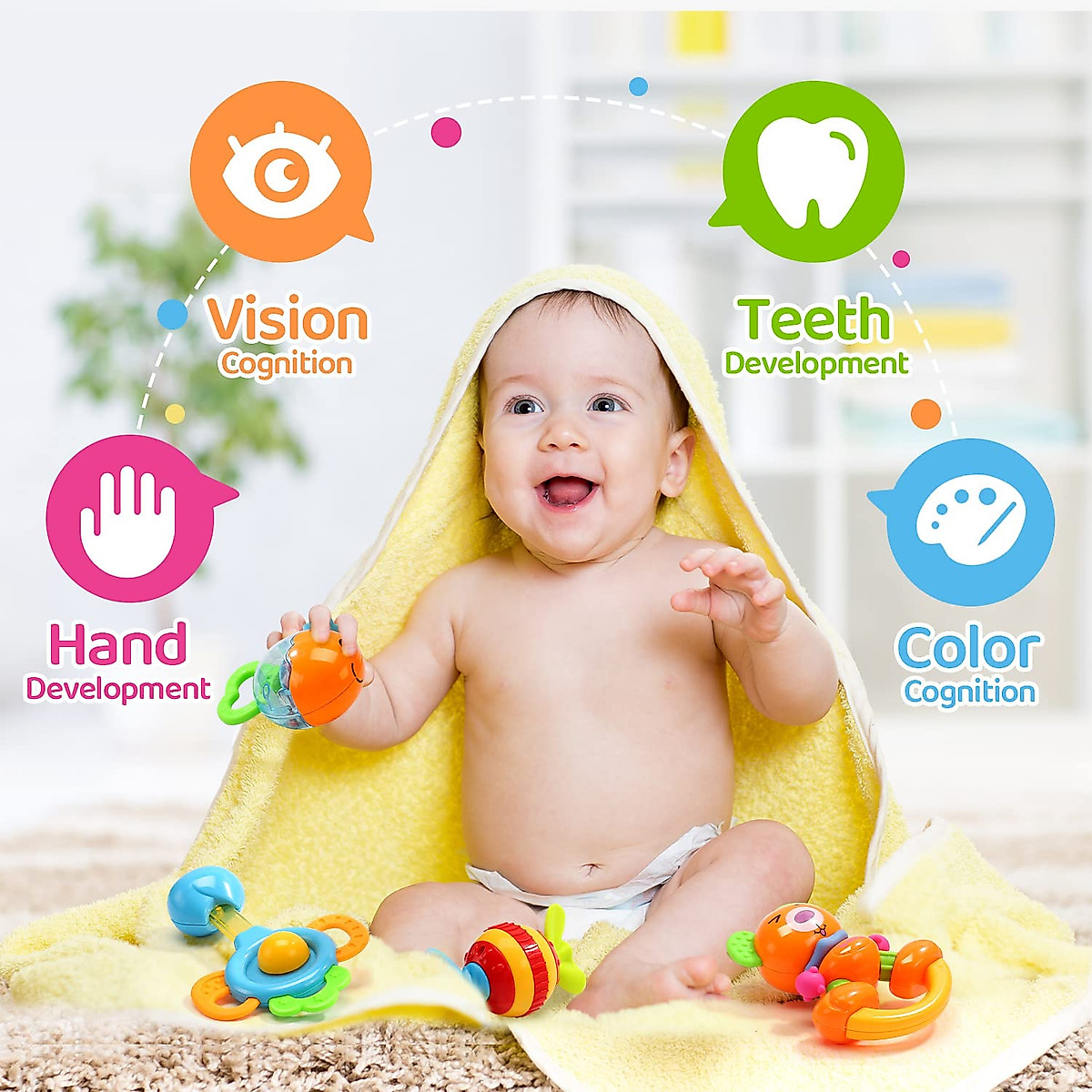 CUTE STONE Baby Rattles Toys Set, Babies Teethers Toys for Baby 3-12 Months, Early Development Learning Toy with Grasp, Spin Rattle Set and Storage Box, Newborn Infant Birthday Gifts for Girls & Boys