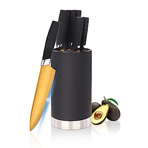 Kitchen Knife Set, 6 Pieces Professional Chef Knife Set with Block, Stainless Steel Sharp Nonstick Cooking Knife Set with Gold Blades, Kitchen Knife Block Set for Cutting, Slicing, Chopping (Gold)