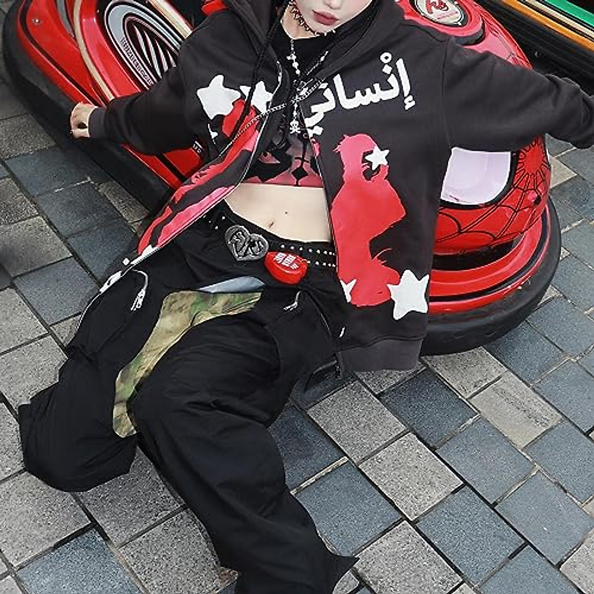 Y2K Zip Up Hoodie Girl Star Graphic Grunge Emo Alt Aesthetic Hooded Oversized E-Girl Harajuku Streetwear Jacket (Black,3XL,3X-Large)