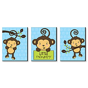 Big Dot of Happiness Blue Monkey Boy - Baby Boy Nursery Wall Art and Kids Room Decorations - Gift Ideas - 7.5 x 10 inches - Set of 3 Prints