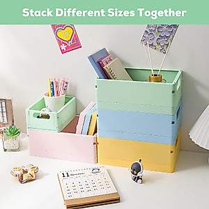TRZZ 2-Pack Mini Pastel Crates Organizer Collapsible Plastic Storage Basket Small Crate Storage, Stackable Cute Bins for Office & Home Bedroom, Bathroom and Kitchen Storage Decor, Blue (6.5"4.8"2.9")