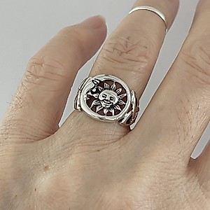 Sterling Silver Large Unisex Sun and Moon Face Ring with Celtic, Celestial, Sky Ring, Sunshine Ring